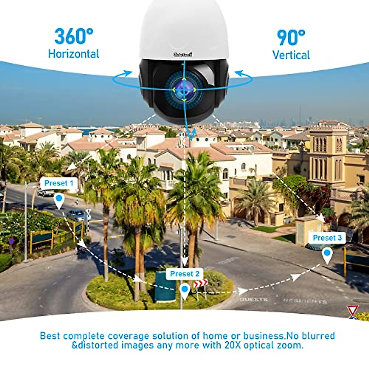 JideTech 5MP PTZ Camera Outdoor, 20X Optical Zoom Smart WiFi IP Camera with 360° Rotate,1000ft View Distance,SDM Array IR Night Vision,Auto-Tracking Detection Alarm,2-Way Audio,IP66 Waterproof
