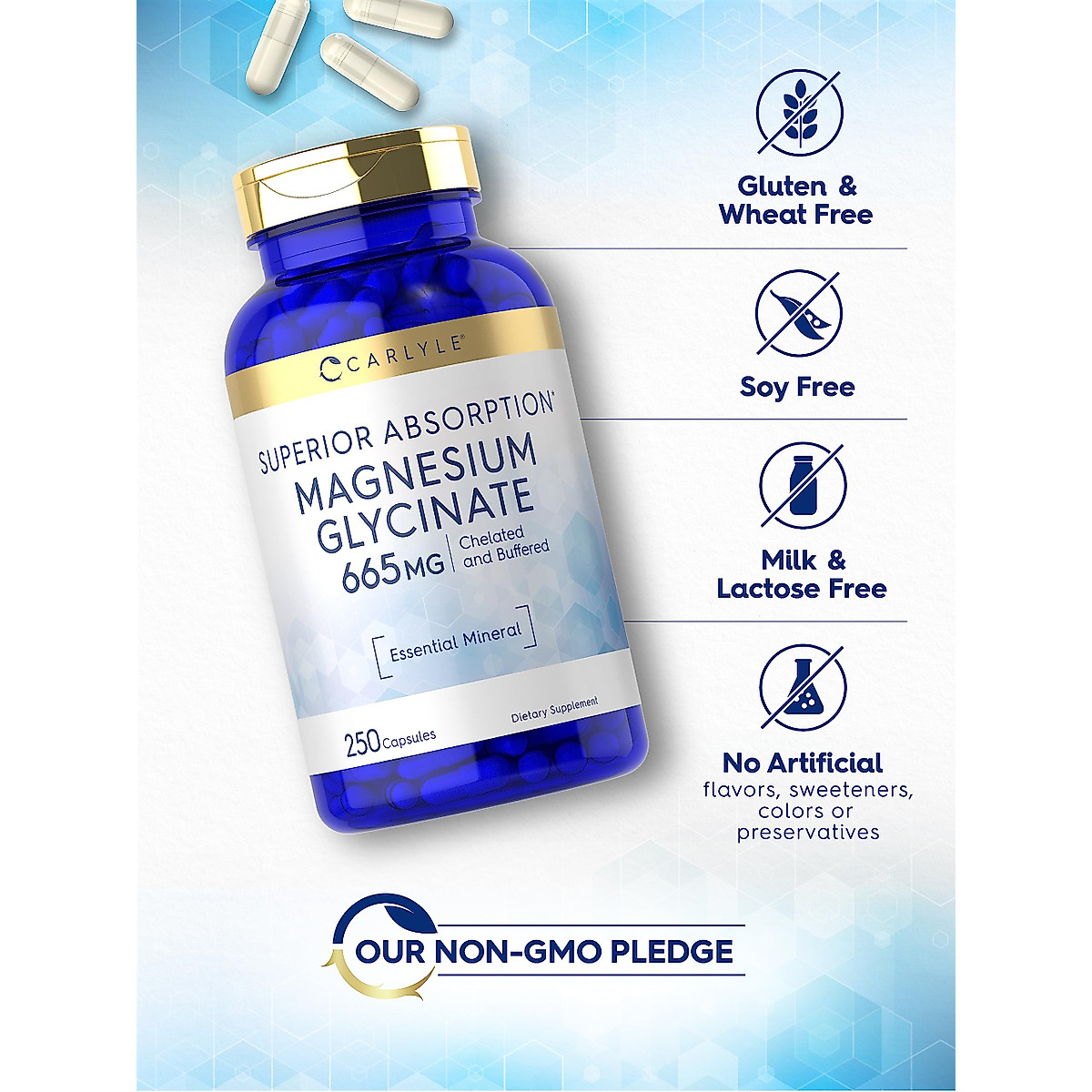Carlyle Magnesium Glycinate | 665 mg | 250 Capsules | Non-GMO and Gluten Free Formula | Essential Buffered Mineral Supplement