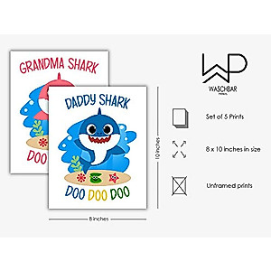 Baby Shark Art Prints, Set of 5 (8 inches x 10 inches), Nursery Wall Art Stuff Decor, Wall Poster for Baby Shower Decorations, Baby Bedroom, Kids Playroom, Mommy Daddy Grandma Grandpa (UNFRAMED)