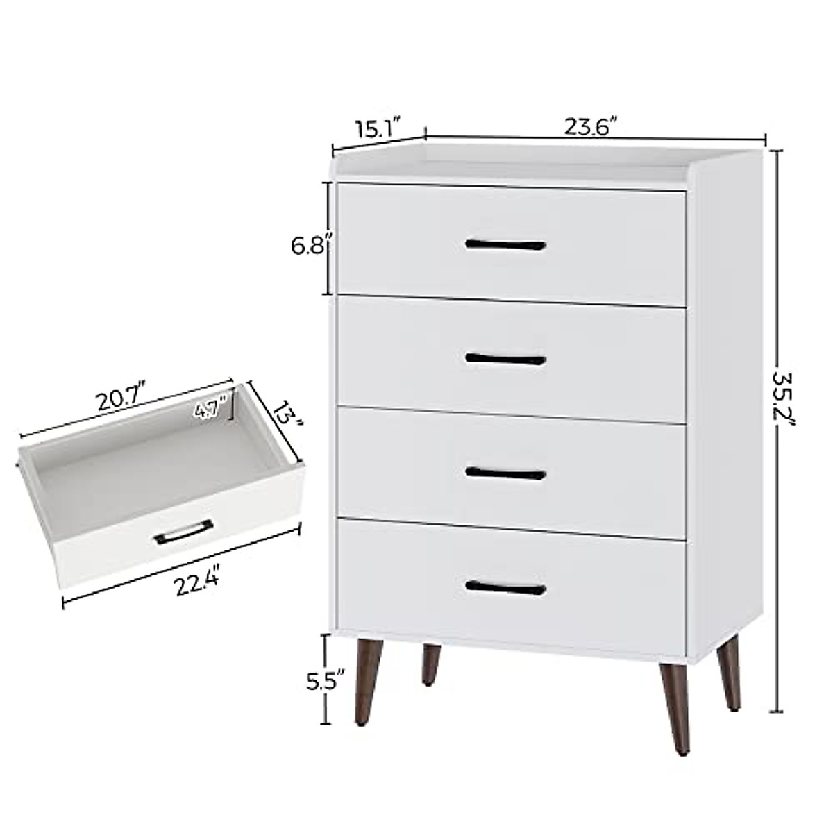 Rolanstar Drawer Dresser- Quick Install, 4 Drawers Storage Dresser with Foldable Drawer Dividers, Modern Chest of Drawer, White (Tool Free Except Drawer Handle and Foot)