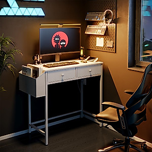HOOBRO Small White Computer Desk with Power Outlet, 32 Inch Home Office Computer Desk with 2 Fabric Drawers, Study Desk for Small Spaces, with Side Pocket, for Study, Living Room, White WW42UDN01