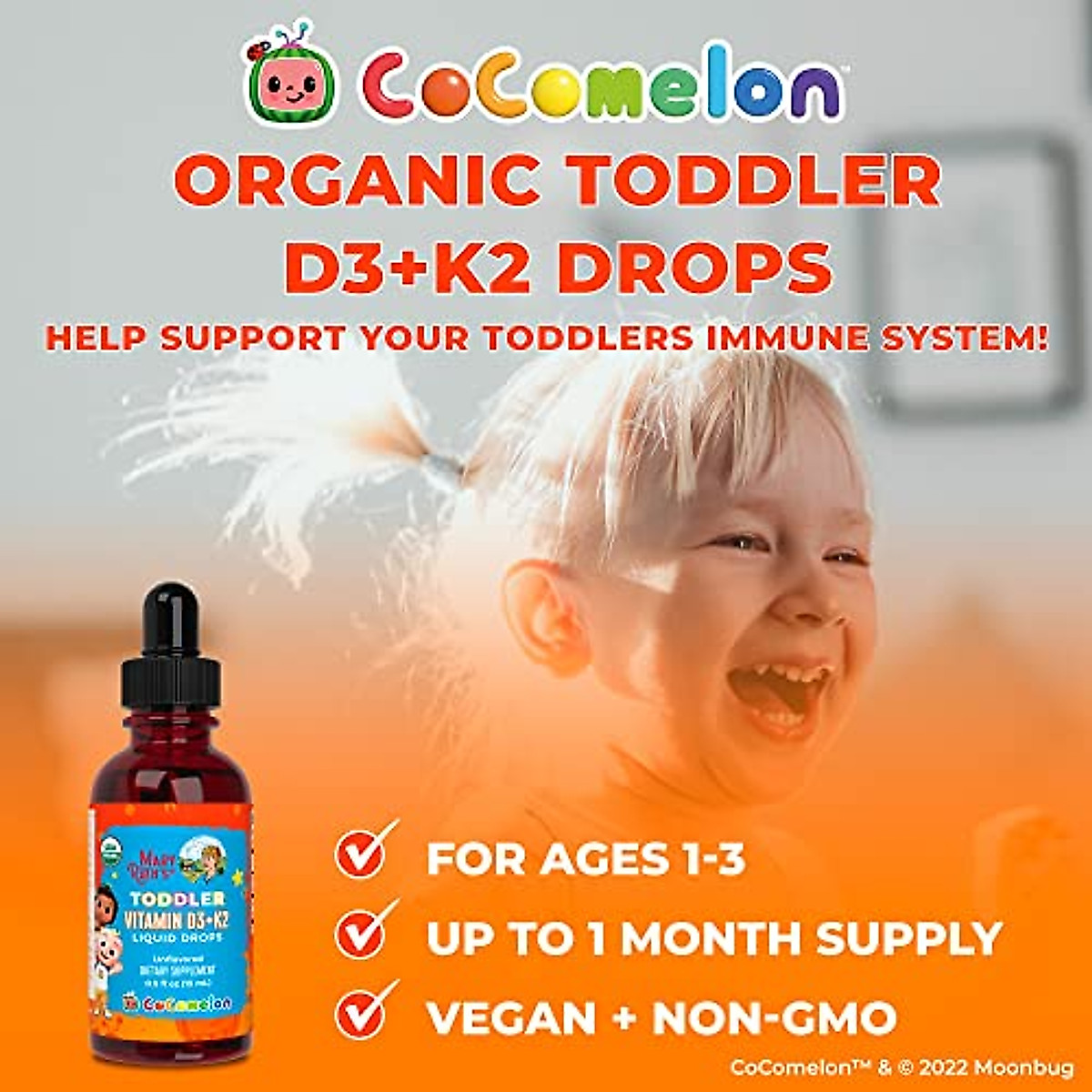 USDA Organic Cocomelon Elderberry Syrup for Toddlers & Cocomelon Vitamin D3 K2 Liquid Drops for Toddler Bundle by MaryRuth's | Immune Support | Calcium Absorption | Strong Bones | Vegan | Gluten Free
