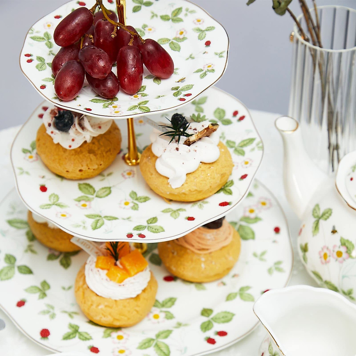 MOSTDEN 3-Tier Ceramic Cake Stand/Cupcake Stand/Dessert Stand/Tea Party Pastry Serving Platter/Food Display with A Serving Tong (Mulberry)