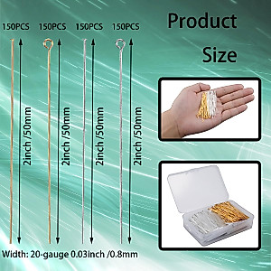 600 Pieces 2 Inch Flat Head Pins Eye Pins for Jewelry Making DIY, Straight Head Eye Pins Gold and Sliver Jewelry Making Pin Metal End Headpins for Craft Earring Bracelet Necklace Pendant Supplies