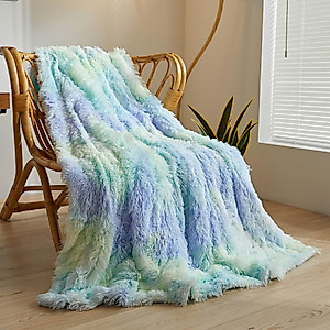 XeGe Plush Faux Fur Rainbow Throw Blanket, Tie Dye 50x60 Shaggy Furry Blanket Throw, Fluffy Microfiber Velvet Couch Blanket, Soft Colorful Fuzzy Lap Blanket for Girls Teens Women Kid Rainbow Blue