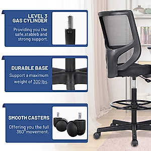 ZUNMOS Tall Office, Drafting High, Ergonomic Mesh Computer Task Table Chairs with Adjustable Armrests and Foot-Ring for Standing Bar Height Desk, Black