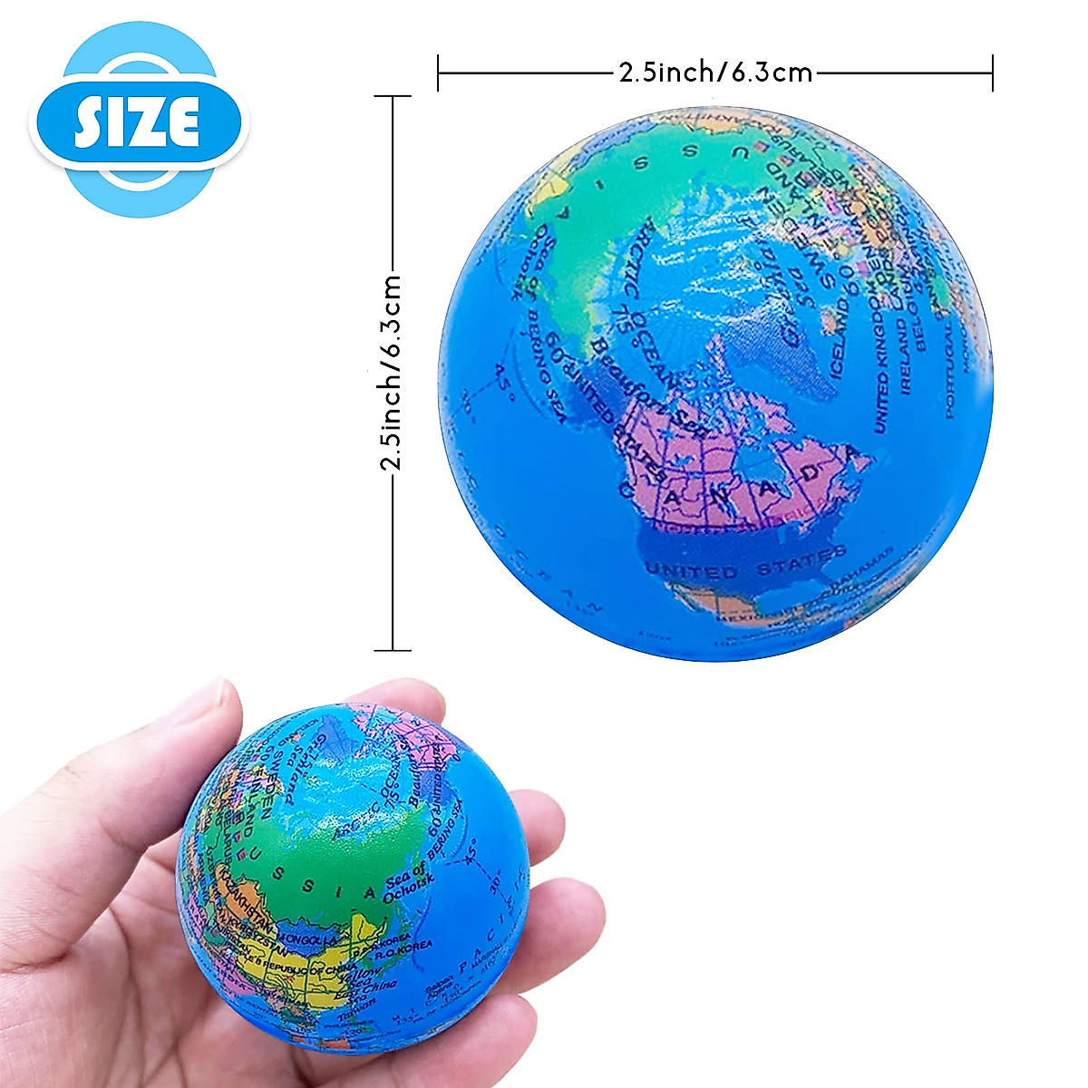 24 PCS Globe Squeeze Balls,2.5 Inch Stress Ball,Pressure Relieving Health Balls,Foam Squeeze Balls for Kids,School,Classroom,Party Favors