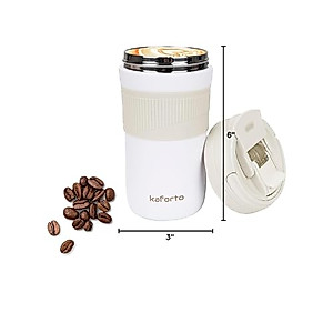 kaforto Travel Coffee Mug 15 oz, Insulated Coffee Cups with Flip Lid, Stainless Steel Coffee Mugs Spill Proof, Double Wall Vacuum Tumblers, Reusable To Go Mug for Hot/Ice Coffee Tea - 450ml, White