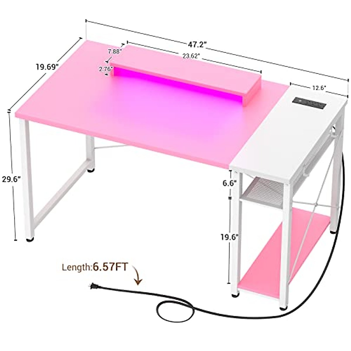 armocity 47 Gaming Computer Desk with LED Lights, Power Outlet and USB, Reversible Laptop Table with Moveable Monitor Stand for Small Spaces, Office, Gaming Room, Pink and White