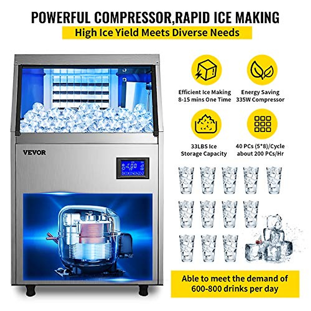 VEVOR 110V Commercial ice Maker 110-120LBS/24H with 33LBS Bin and Electric Water Drain Pump, Clear Cube, Stainless Steel Construction, Auto Operation, Include Water Filter 2 Scoops and Connection Hose