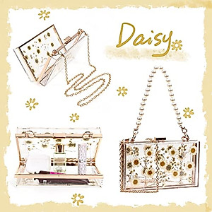 YUSHINY Women Acrylic Clear Clutch Transparent Purse True Flower Inlay with Removable Pearl Strap (Daisy)