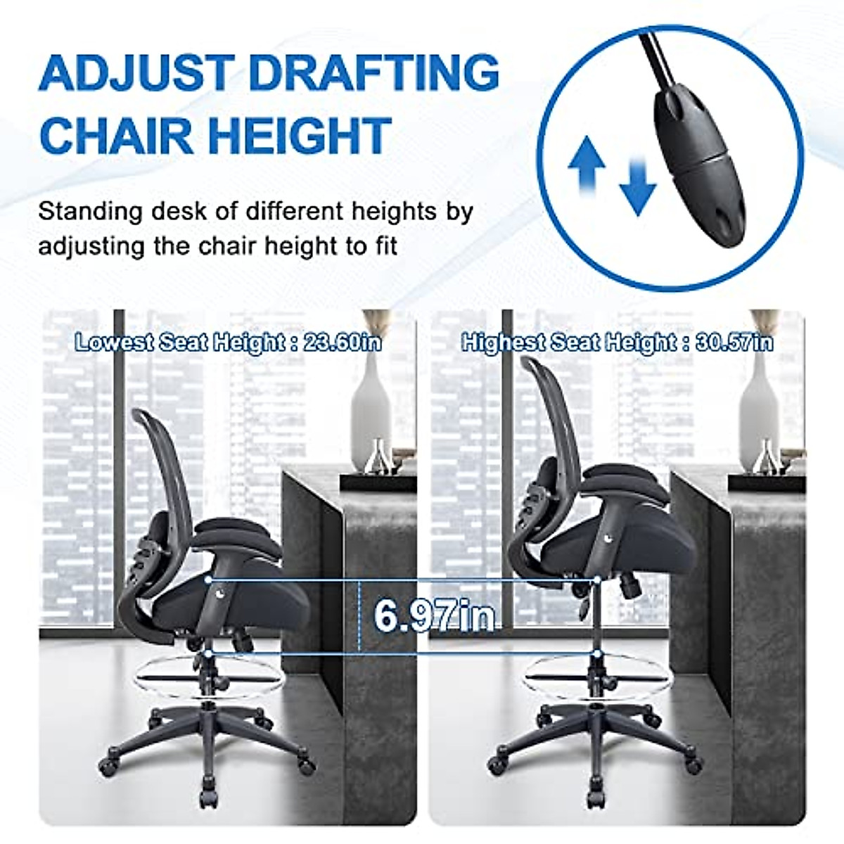 LONGBOSS Drafting Chair Mesh Computer Tall Office Chair, Standing Desk Stool with Lumbar Support Pillow, Height Adjustable Armrest and Adjustable Foot Ring (Black)