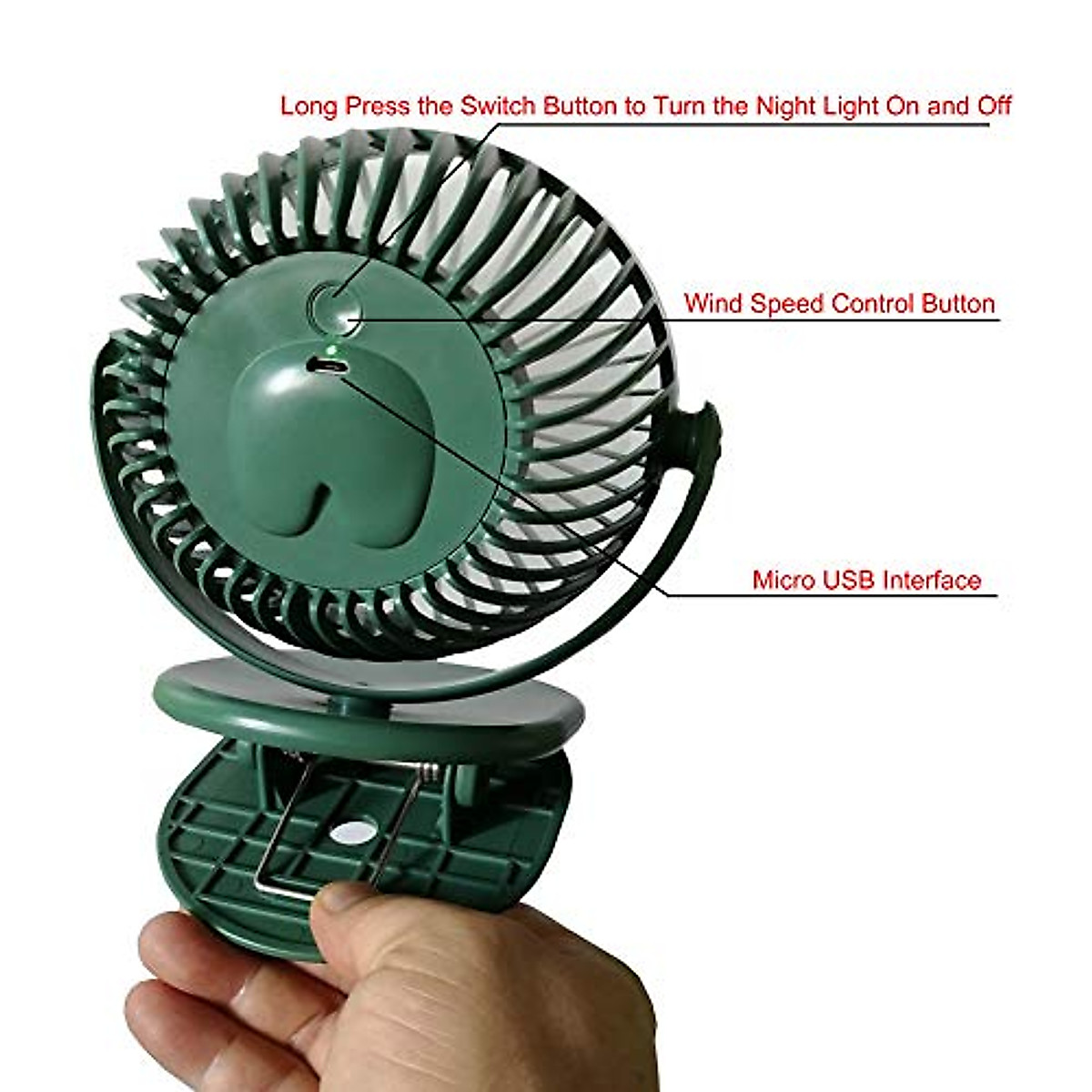 Fjyikj Rechargeable Battery Powered Clip-Fan with Night-light Battery Operated Mini Clip on Fan,Portable Cooling Fan with 3 Speed,USB Desk Fan,Stroller Fan,Fan for Home Office Camping (Green)
