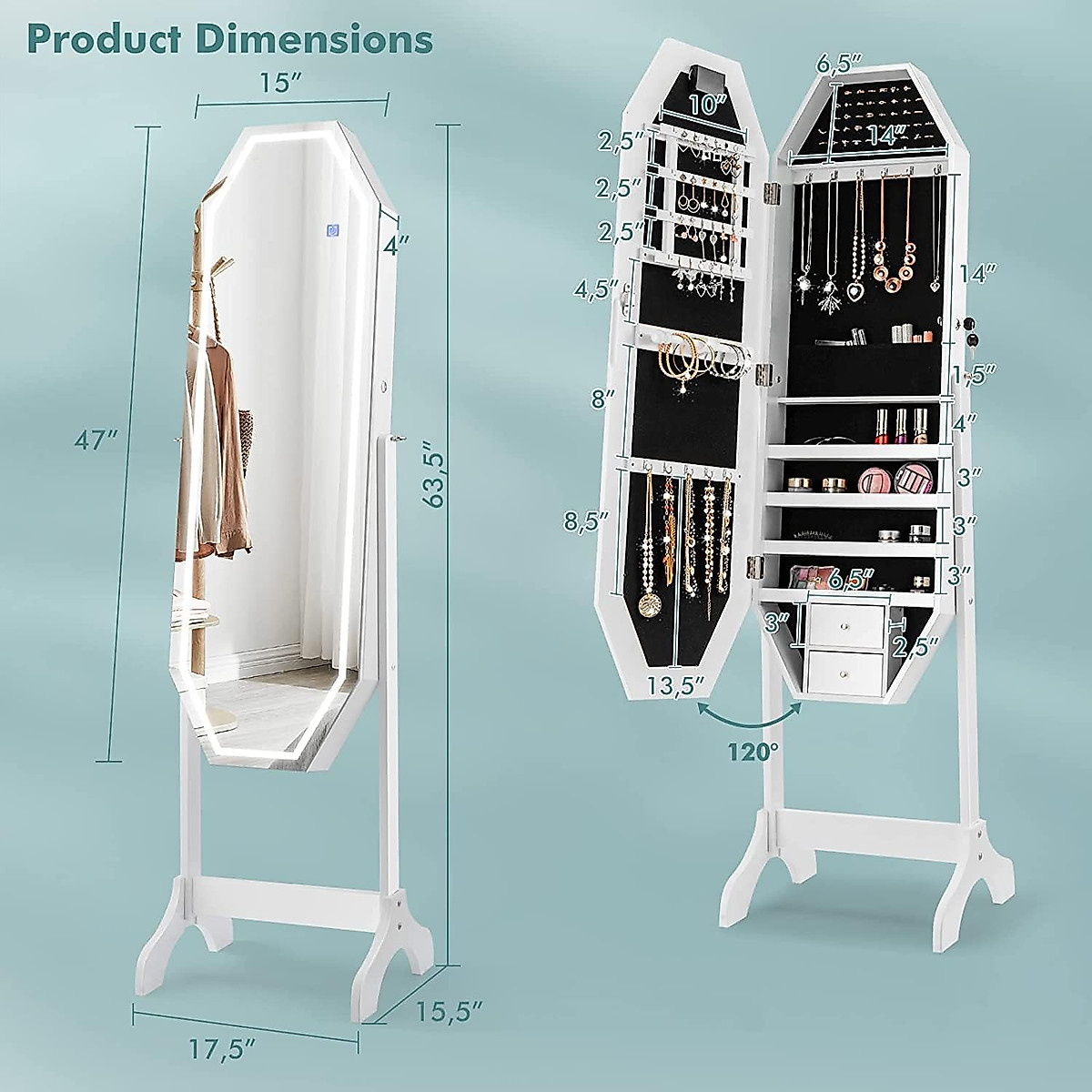 NAFORT Geometric LED Jewelry Cabinet, Standing Full Screen Mirror Vanity Cabinet with 2 Drawers Storage, Lockable Touch Screen Led Lighting, Lockable 2-in-1 Mirror Jewelry Organizer (White)