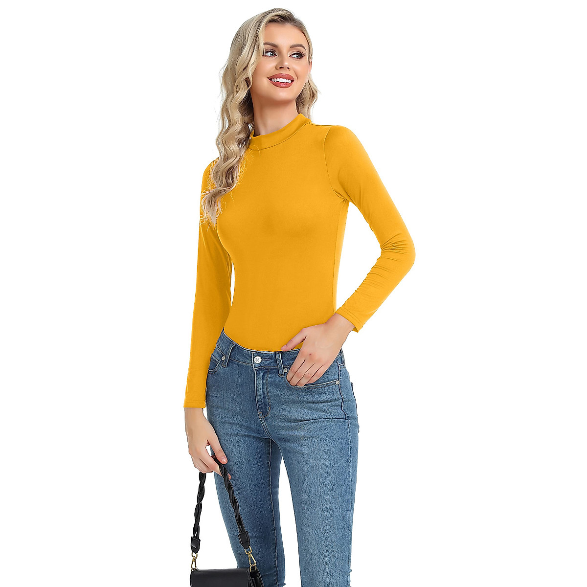 Women Long Sleeve Thermal Top Lightweight Mock Neck Shirts Slim Fit Layer Top Mustard Large