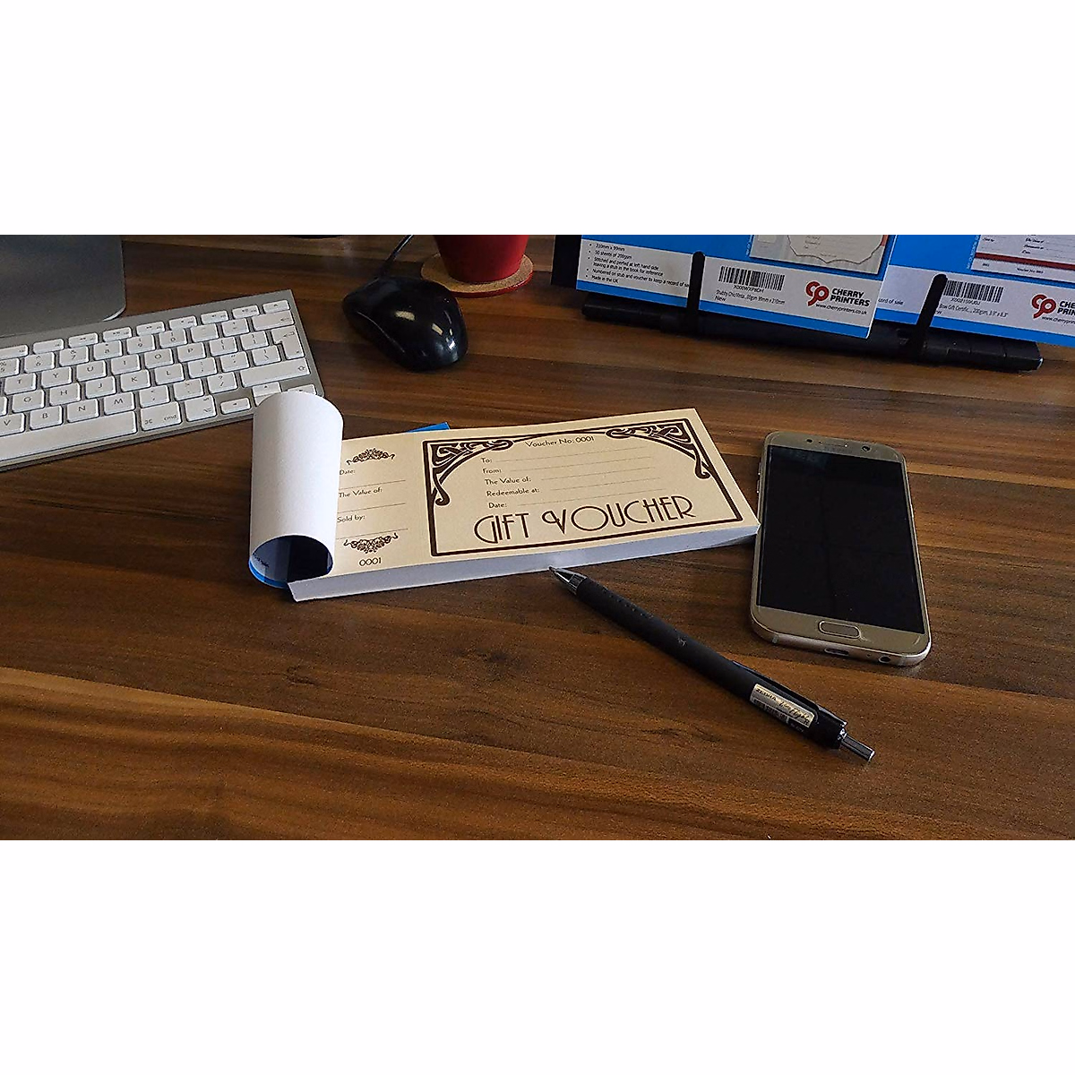 Cherry Art Deco Gift Certificate Cards/Voucher/Gift Coupon Book with Stub 50pages Cardstock 3.9 x 8.3 Inches