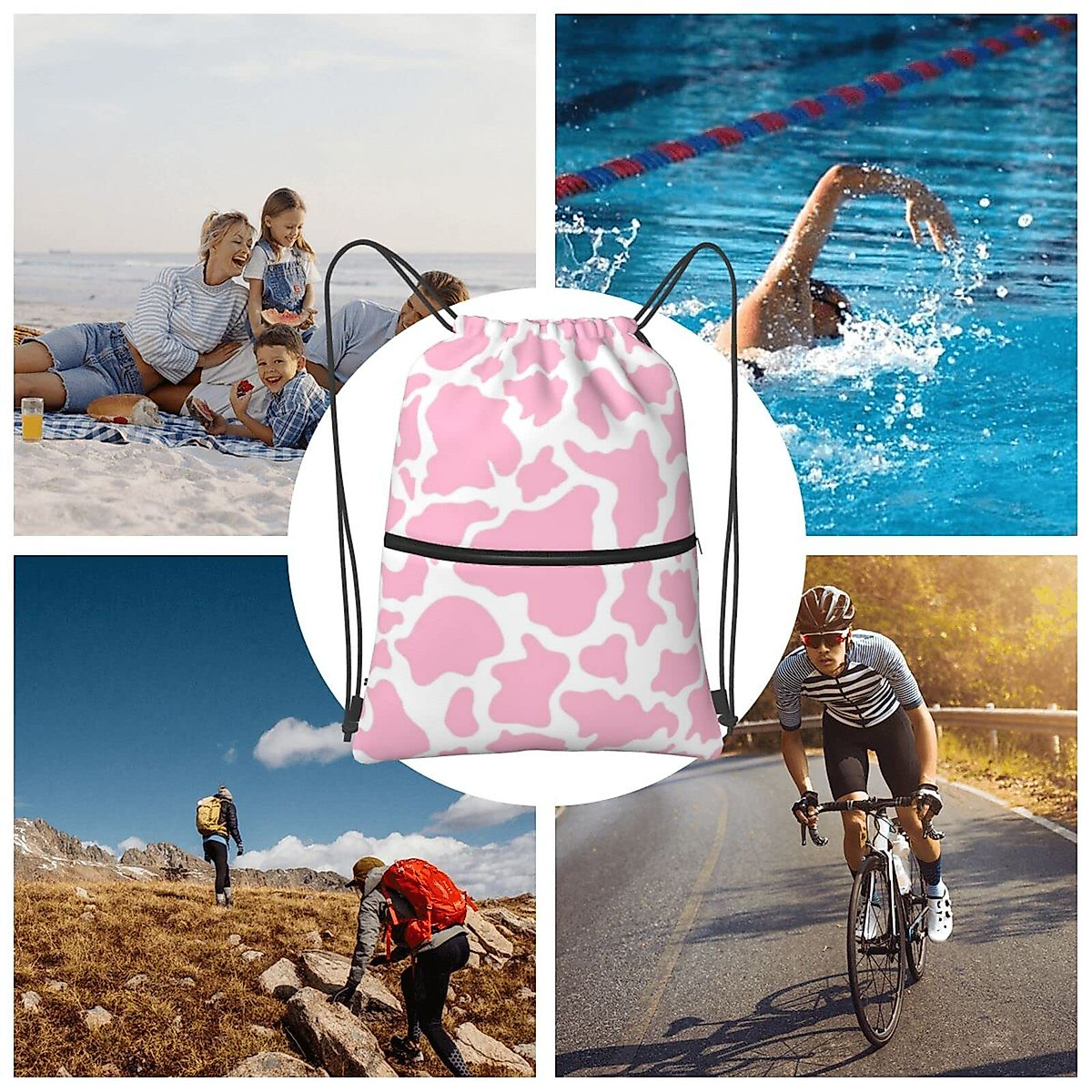Famame Pink Cow Print Drawstring Backpack String Bag Sackpack For Gym Shopping Beach Sport Yoga