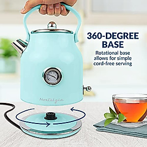 Nostalgia Retro Stainless Steel Electric Tea and Water Kettle, 1.7 Liters, Auto-Shut Off & Boil-Dry Protection, Water Level Indicator Window, Aqua