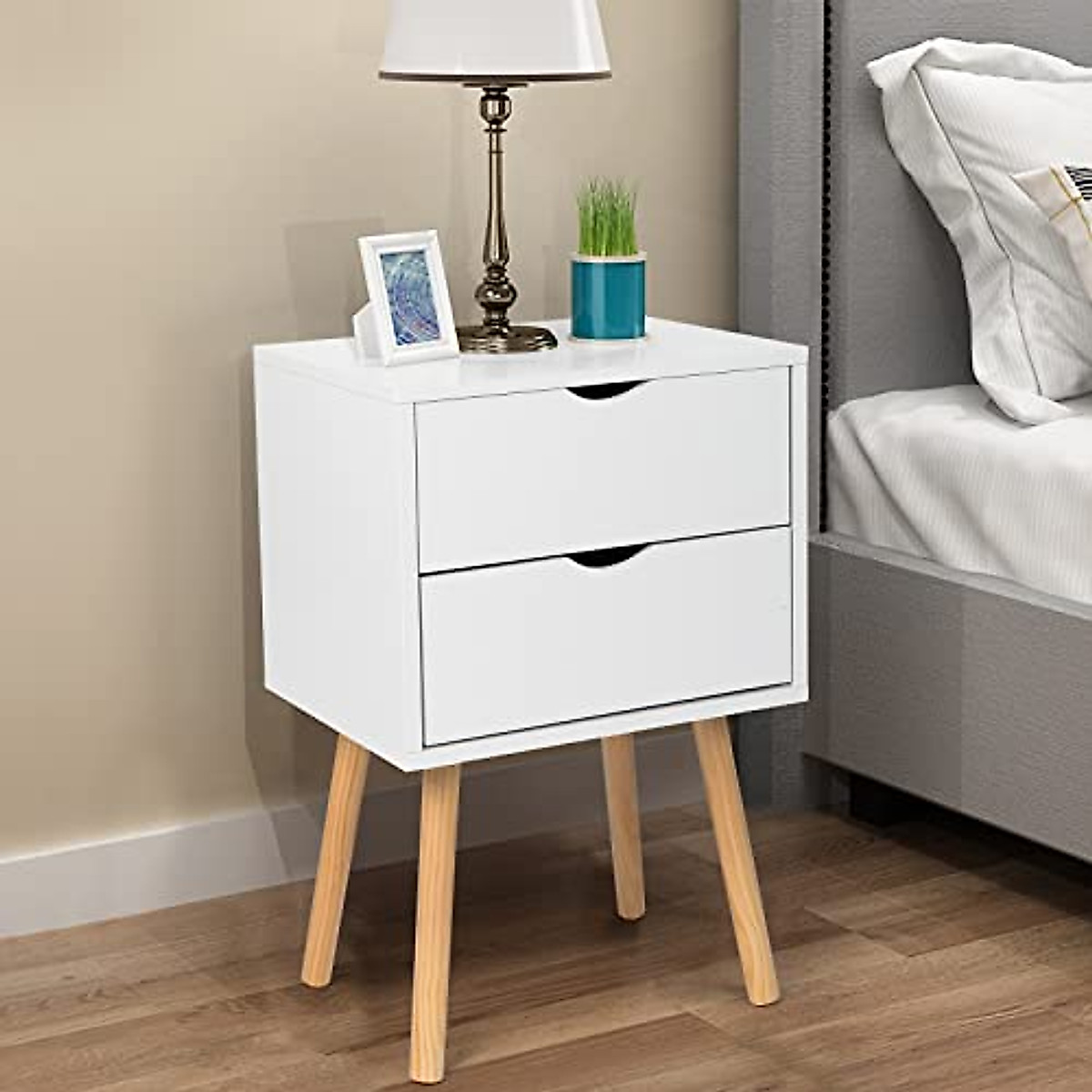 UDeuxff Nightstands,Bedside Table with 2 Drawers &Wood Legs,Wood Accent Table,Side Table End Table for Bedroom,Living Room,Dorm,Easy Assembly (1 Pack)
