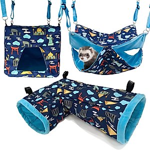 Ferret Hammock Set for cage Cage Accessories 3 Style,Double Hammock or Square House and Tunnel Bed for Guinea Pig(Blue)