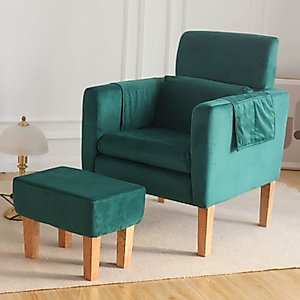 TAKUKA Modern Accent Velvet green Chair Upholstered Armchair with Ottoman Fabric Armchair and Footrest Set Comfy Reading Single Sofa for Living Room Bedroom (Velvet green)