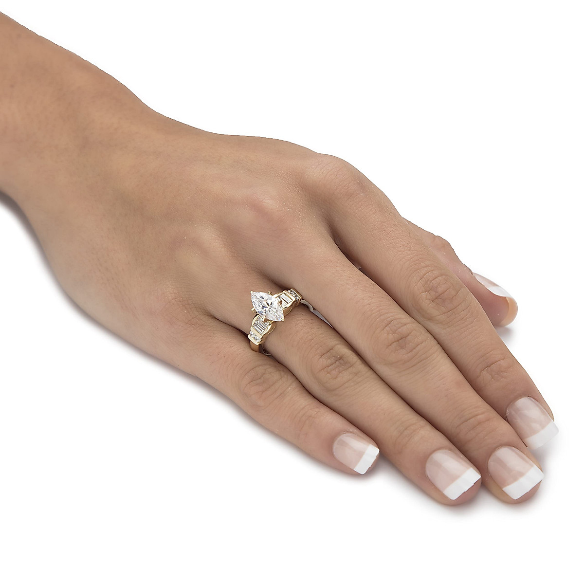 PalmBeach Yellow Gold-Plated or Platinum-Plated Sterling Silver Marquise Cut Cubic Zirconia and Baguette Bridal Engagement Ring Size 6