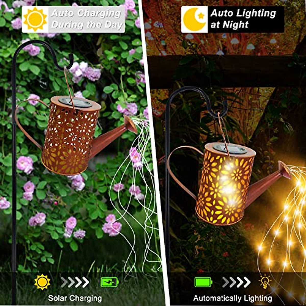 Watering Solar Can Lights Outdoor Waterproof Powered, Large Solar Outdoor Light with Cascading Lights, Solar Lantern Garden Lights with Shepherds Hook for Patio Yard Pathway Mother's Day Gifts