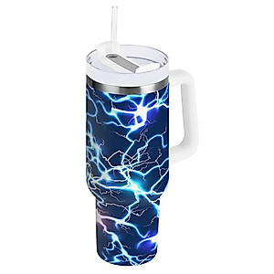 Exnundod 40 oz Tumbler with Handle Abstract Blue Lightning Insulated Stainless Steel Cup with Lid and Straw Travel Cup Leak-proof Fits in Car Cup Holder for Iced & Hot