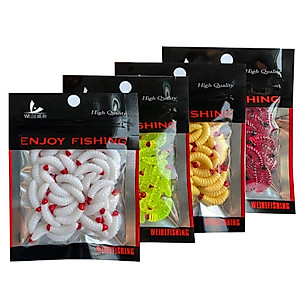 200pcs Maggots Fishing Lures Bread Grub Worm Baits, Artificial Soft Plastic Smell Lifelike Worm Baits for Lake Freshwater Saltwater Ice Outdoor Fishing Gear Accessories, All 4 Colors