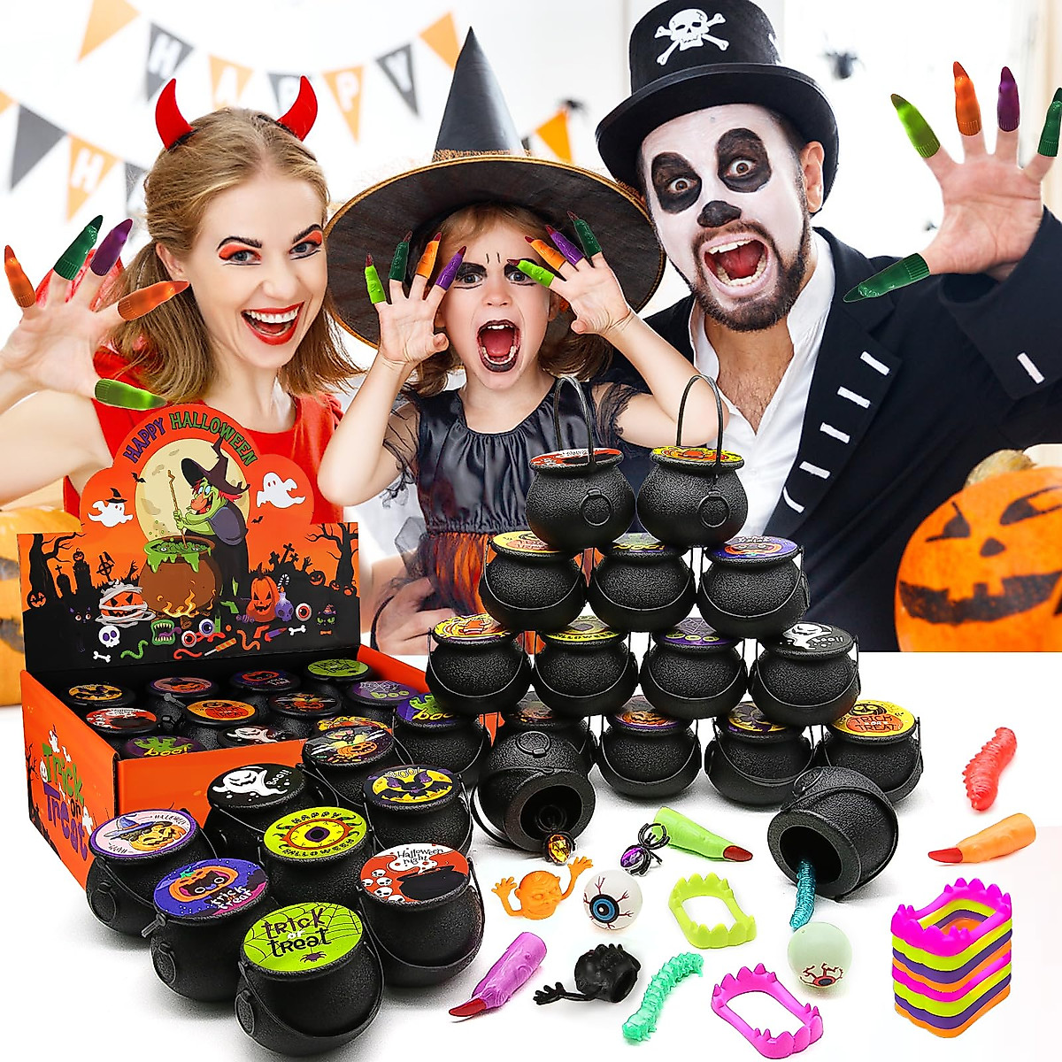 168 PCS Halloween Party Favors 24 Pack Prefilled Small Plastic Witch Cauldron Halloween Toys in Bulk Halloween Prizes Gifts for Kids Trick or Treat Halloween Goodie Bag Fillers Party Favor Toys