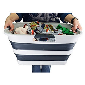 SAMMART 30L(8 gallon) Collapsible Plastic Laundry Basket - Foldable Pop Up Storage Container/Organizer - Space Saving Hamper/Basket - Water Capacity 24L(6.3 gallon) (1, Grey/Slate Grey)