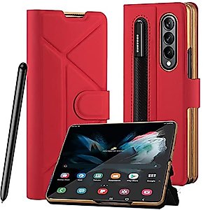 NINKI Compatible Magnetic Leather Case for Samsung Galaxy Z Fold 4 Case with Screen Protector and Stand 2022 Luxury Business Protective Samsung Z Fold 4 5G Phone Case with S Pen Holder Women- Red