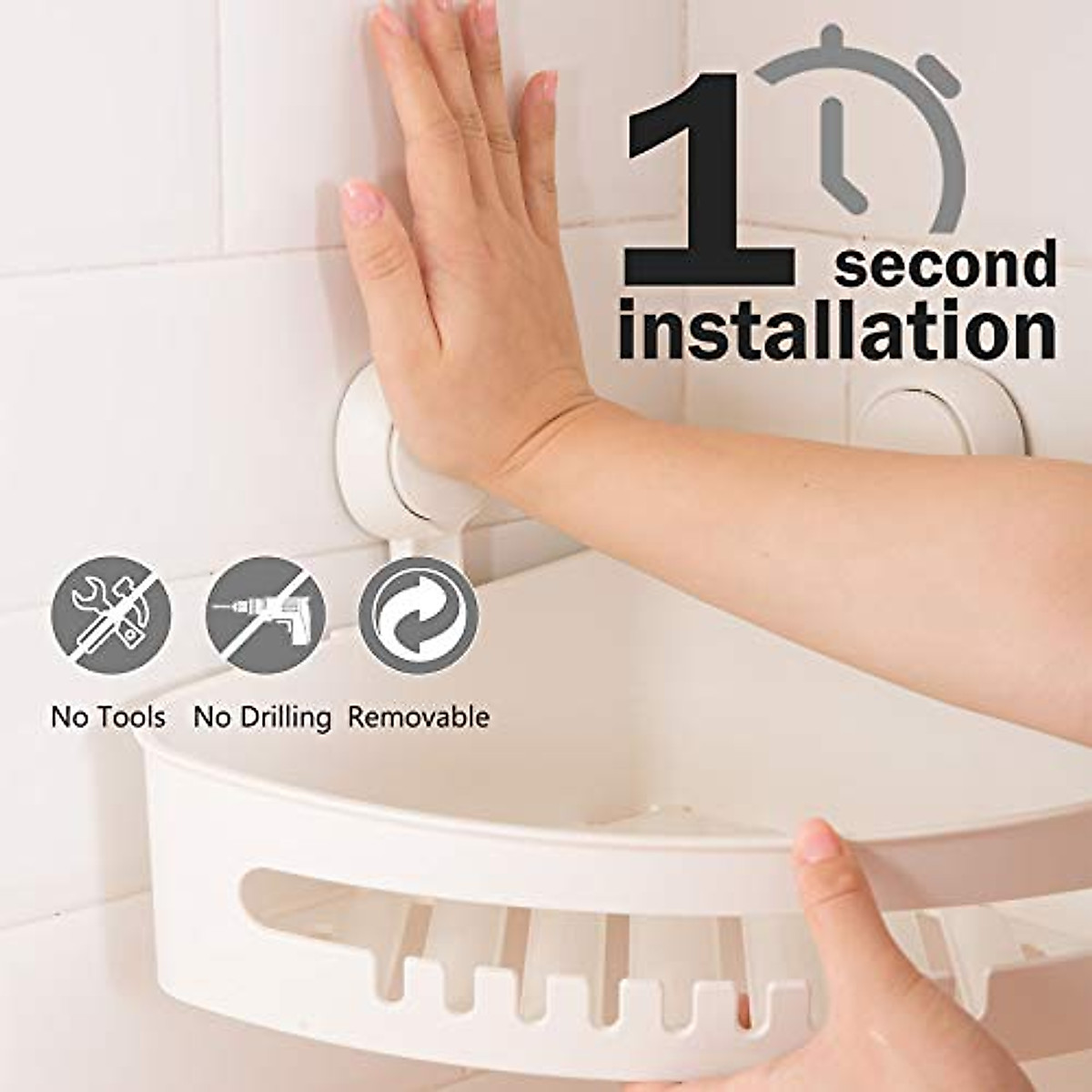 VELMADE Corner Shower Caddy, No Drilling Shower Shelf Kitchen Storage Basket With Hooks, Bathroom Storage Organizer Wall Mounted for Kitchen, Bathroom