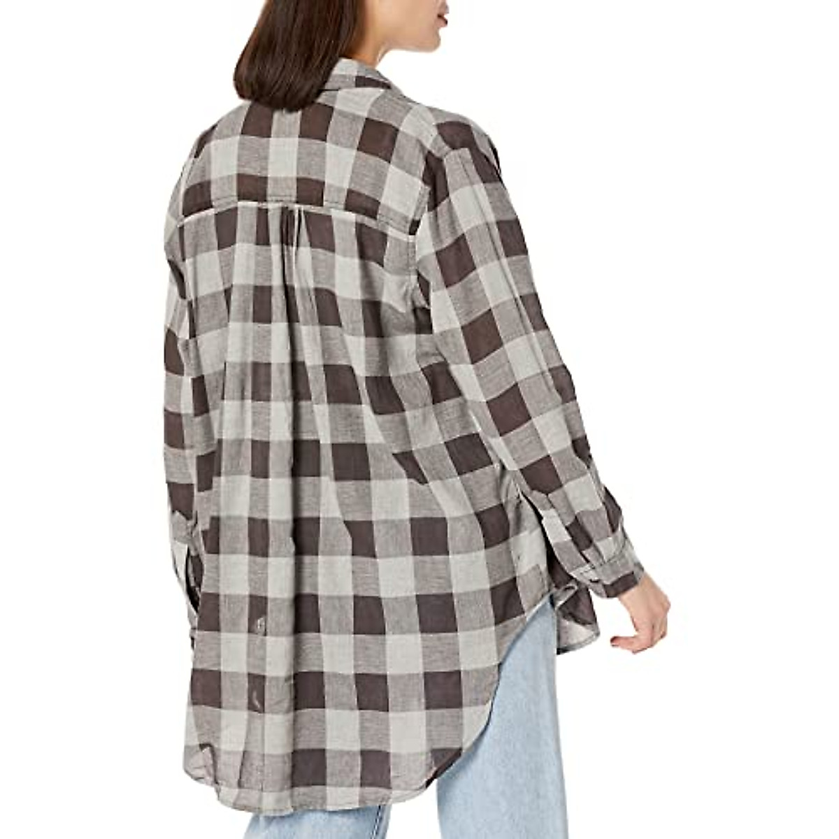 Angie Womens Plaid Oversize Button UP, Grey, Medium