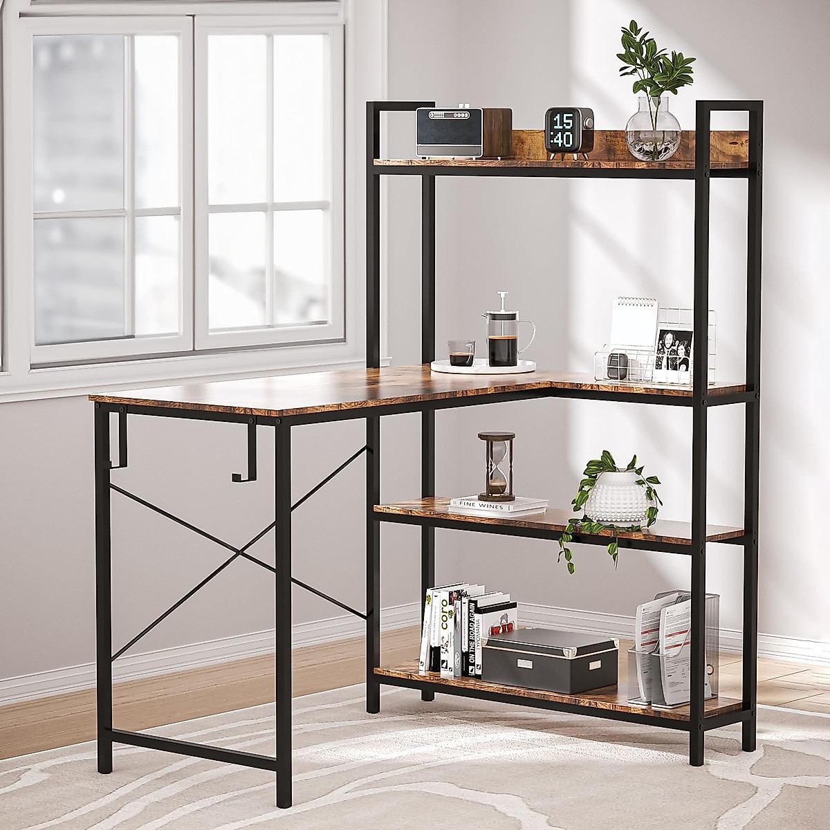 WASAGUN 40 Inch Small L Shaped Computer Desk with Storage Shelves, Home Office Corner Reversible Desk Study Writing Table with Hutch, Brown