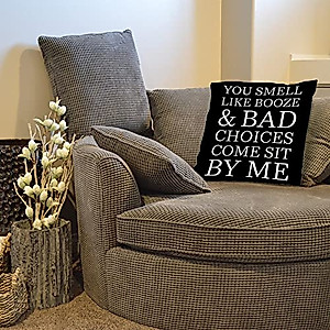 Inspirational Birthday Gifts You Smell Like Booze and Bad Choices Come Sit by Me Pillows for Couch Black Pillow Farmhouse Wrinkle Square Pillow Shams for Sofa Bedroom with Zipper 22x22