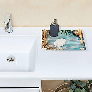 Seashells on Sand Bathroom Sink Vanity Trays With Gold Handles Starfish Palm Leaf Countertop Organizer Tray Acrylic Makeup Perfume Tray Dresser Tray Holder Decor Tray For Candle Small Plant Coffee