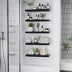 WOPITUES Black Floating Shelves for Wall, 5 Sets Black Wall Shelves for Bathroom with Invisible Brackets, Black Shelves for Wall Decor, Modern Black Shelf for Bedroom, Living Room, Cat Shelves – Black