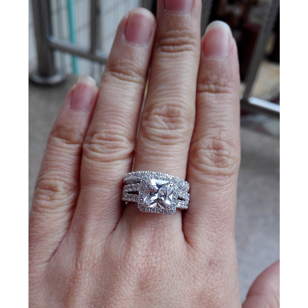 Wuziwen 4Ct Engagement Rings for Women Sterling Silver Cubic Zirconia Wedding Bridal Ring Set With 2 Band Size 7