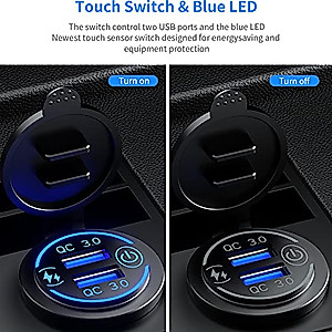 Kewig Quick Charge 3.0 Dual USB Charger Socket Waterproof 36W 12V 24V USB Outlet Fast Charge with Touch Switch & Blue LED DIY Kit for Car Boat Marine ATV Bus Truck Golf Cart and More