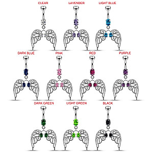 Dark Blue Gemstone Fancy Angel Wings with Floral Dangling Design 925 Sterling Silver with Stainless Steel Belly Button Navel Rings