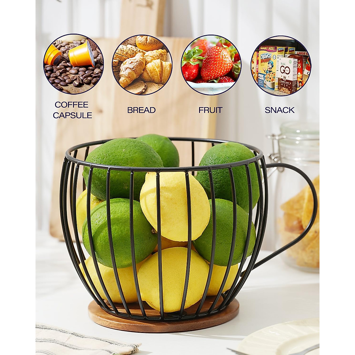 getstar Coffee Pod Holder, Large Black Wire Coffee Bar Accessories with Acacia Wood Base