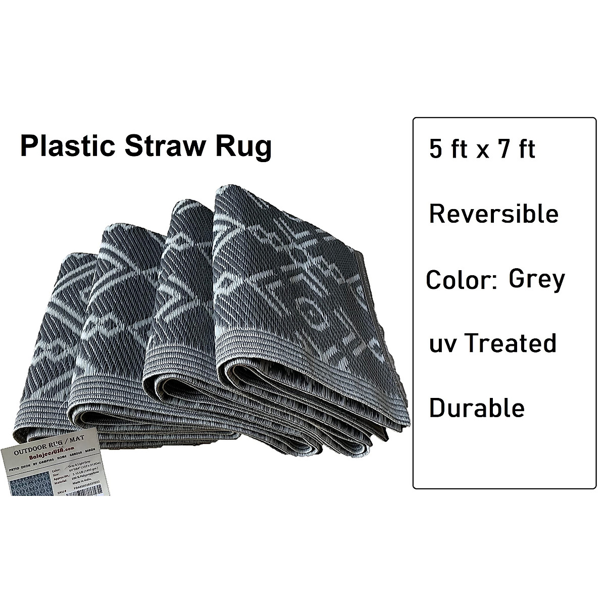 BalajeesUSA Outdoor Rug - 5x7 Grey Reversible Recycled Plastic Straw Patio Decor Waterproof Large RV Camper mat Camping 7032