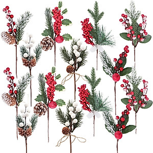 14PCS Artificial Berry Picks, Christmas Pine Picks with Red & White Berries Pine Cones for Christmas Decorations DIY Crafts Gift Wrapping Flower Arrangements Wreaths Holiday Floral Snowy Picks (14)