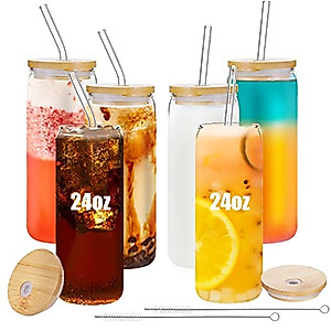 6 Pack 24oz Drinking Glasses Iced Coffee Cups Can Tumbler Glasses with Bamboo Lids and Straws Tumbler Glasses Cups Can Shaped Glass Gups Large Drinking Can Cups for Boba Smoothies Soda Juice Tea