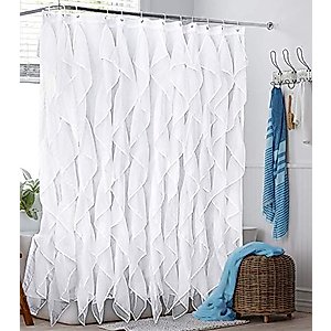 REISEN White Ruffle Shower Curtain Fabric/Cloth Farmhouse Bathroom Sheer Shower Curtain, 70in Long