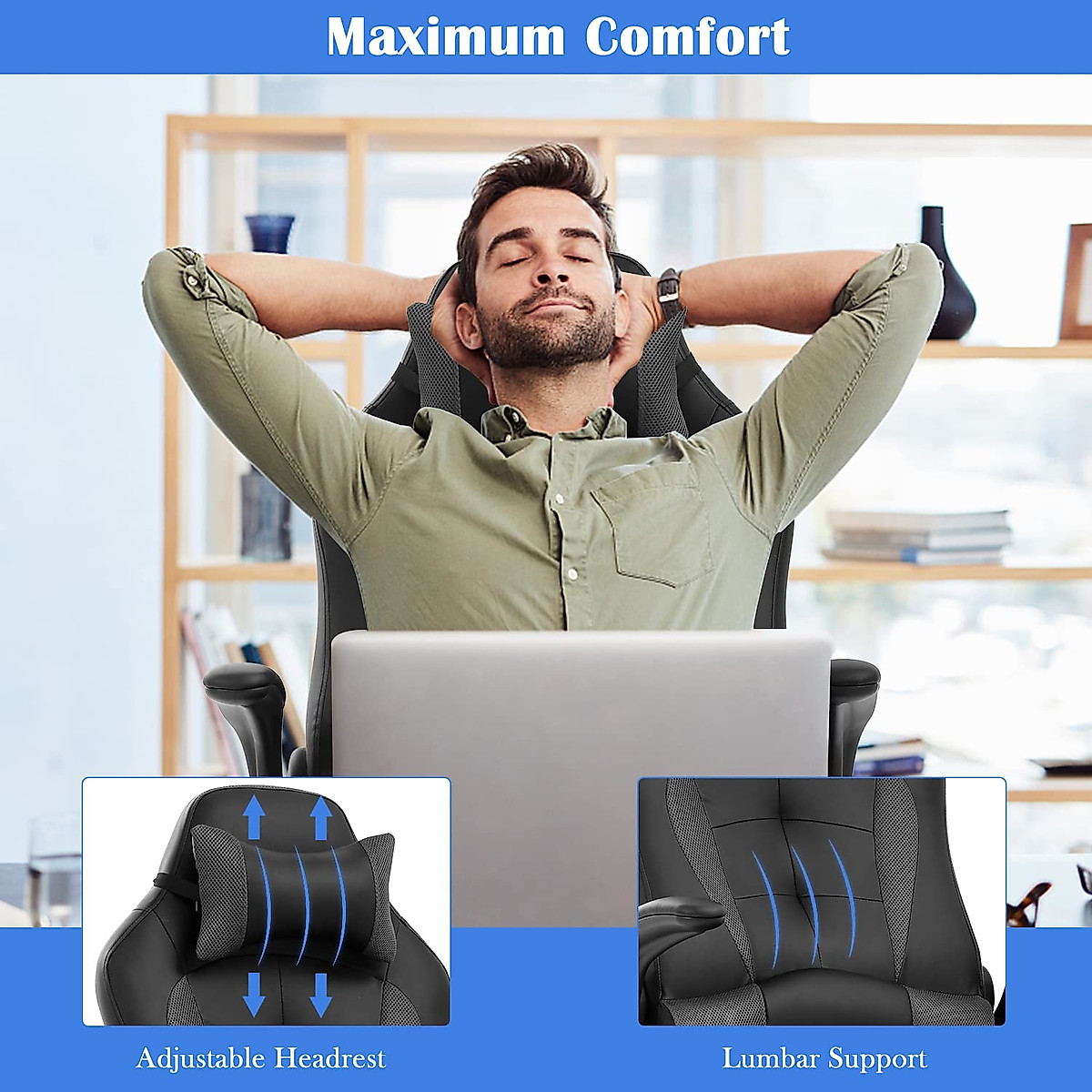 PC Gaming Chair Office Chair, Ergonomic Desk Chair with Headrest& Lumbar Support, Adjustable High Back PU Leather Computer Chair Racing Rolling Swivel Task Chair for Adults, Grey
