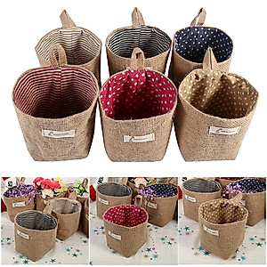 Fdit Cotton Linen Hamper Hanging Clothes Bag Home Gadget Storage Organizer Foldable Basket Bin (Khaki Stripe)
