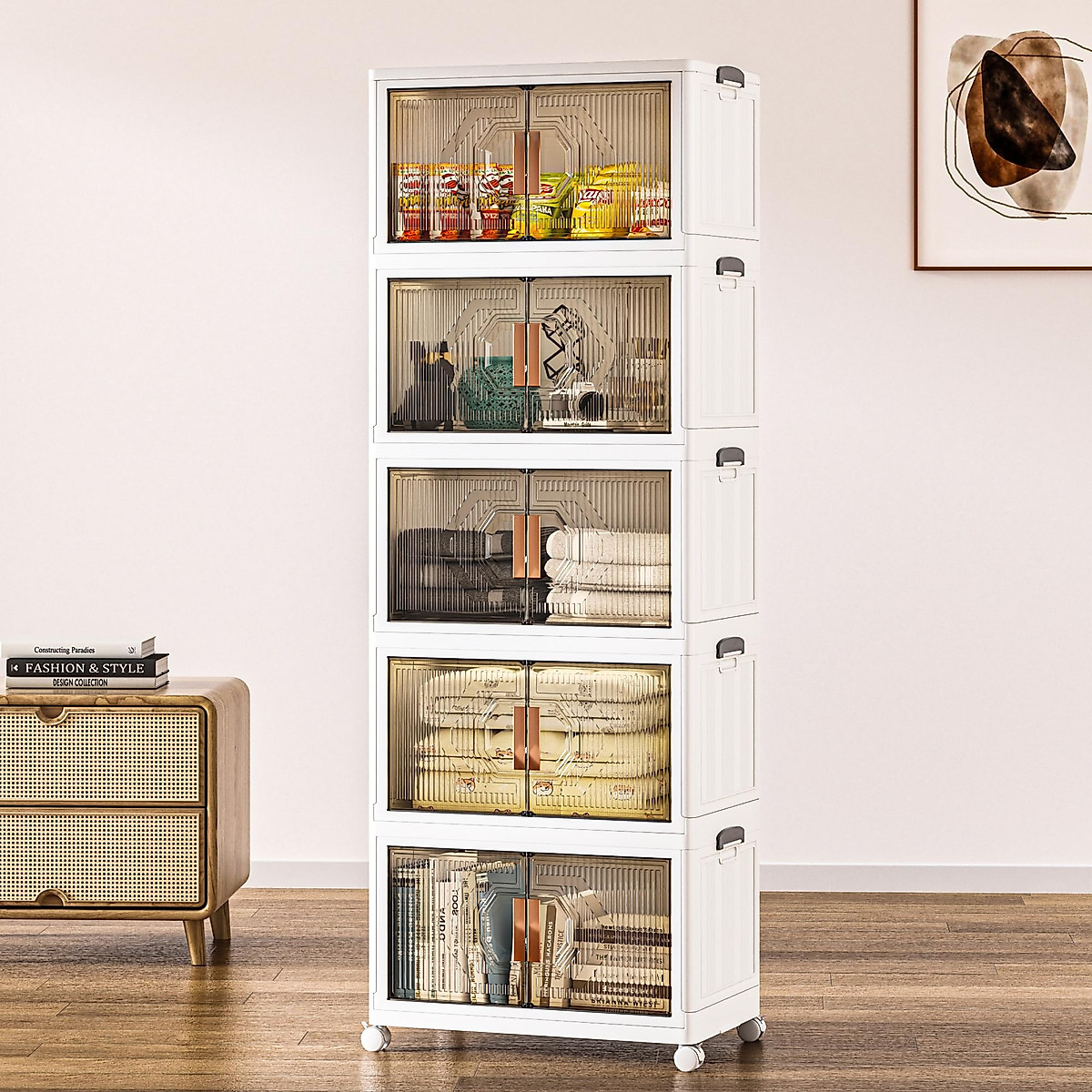 VECELO 19 Gal Stackable Storage Bins with Lid, 5 Pack Plastic Collapsible Storage Cabinet, Foldable Folding Box Organizer/Storage Container Cart with Wheel and Double Door for Home Office, White