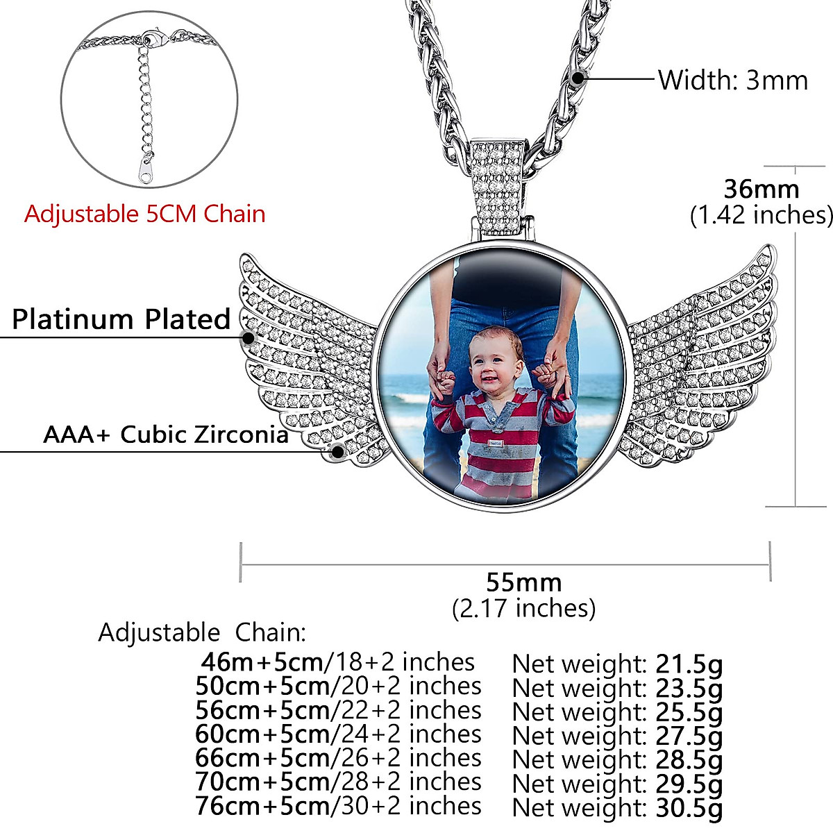 Angel Wings Necklace Chain with Picture Jewelry Gifts Photo Necklace for Men friend Husband Father